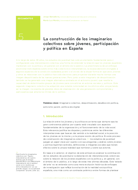 (PDF) Benedicto y Moran La construccion de los imaginarios colectivos sobre jovenes