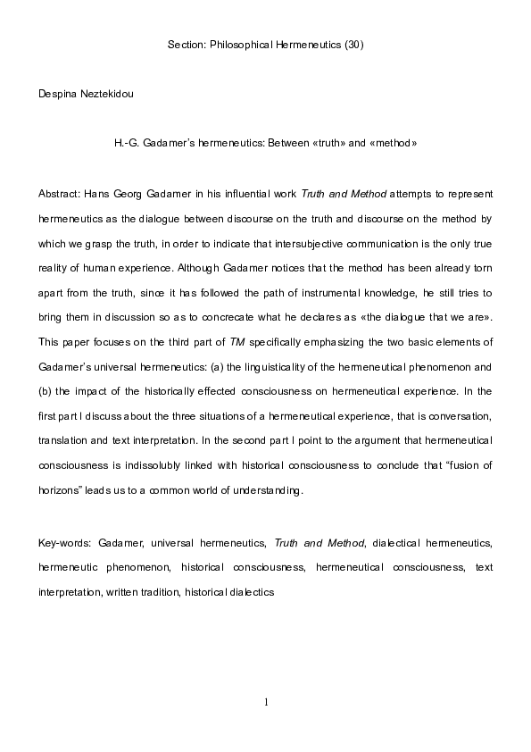 (DOC) H.-G. Gadamer’s hermeneutics: Between «truth» and «method»