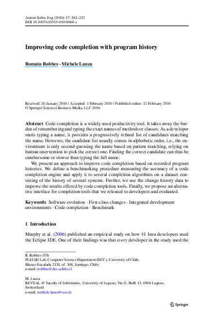 (PDF) Improving code completion with program history