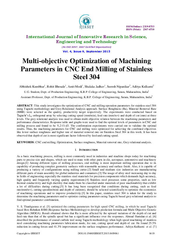 Multi Objective Optimization Of Machining Parameters In Cnc End Milling