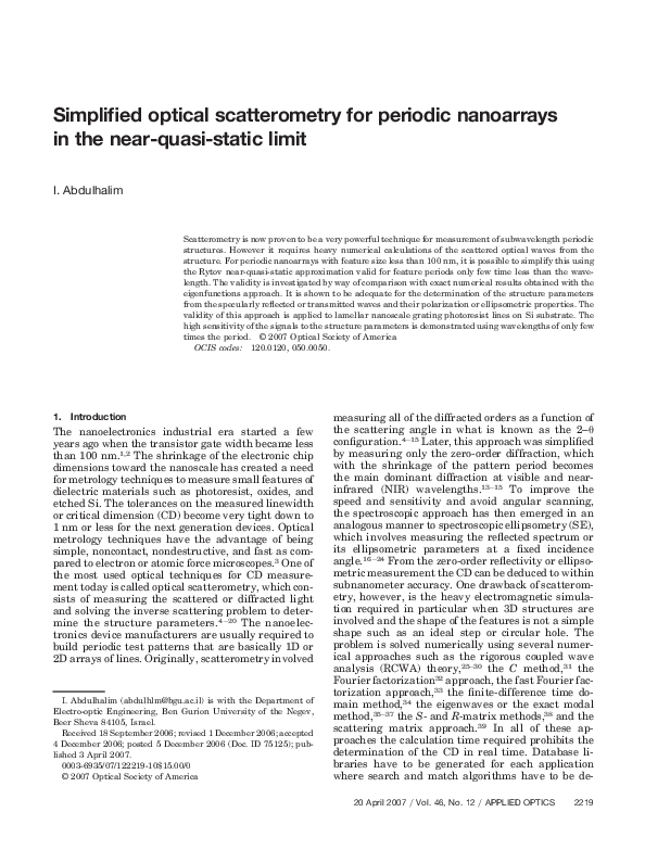 (PDF) Simplified optical scatterometry for periodic nanoarrays in the ...