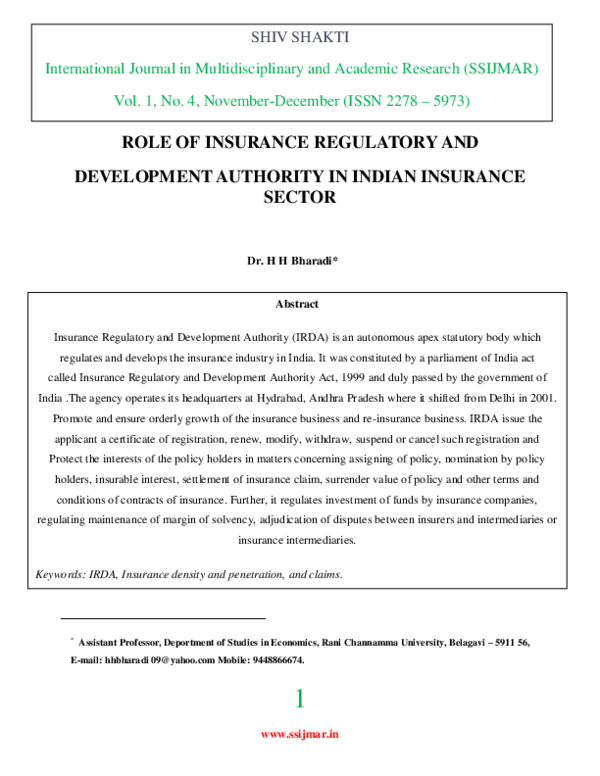 (PDF) ROLE OF INSURANCE REGULATORY AND DEVELOPMENT AUTHORITY IN INDIAN ...