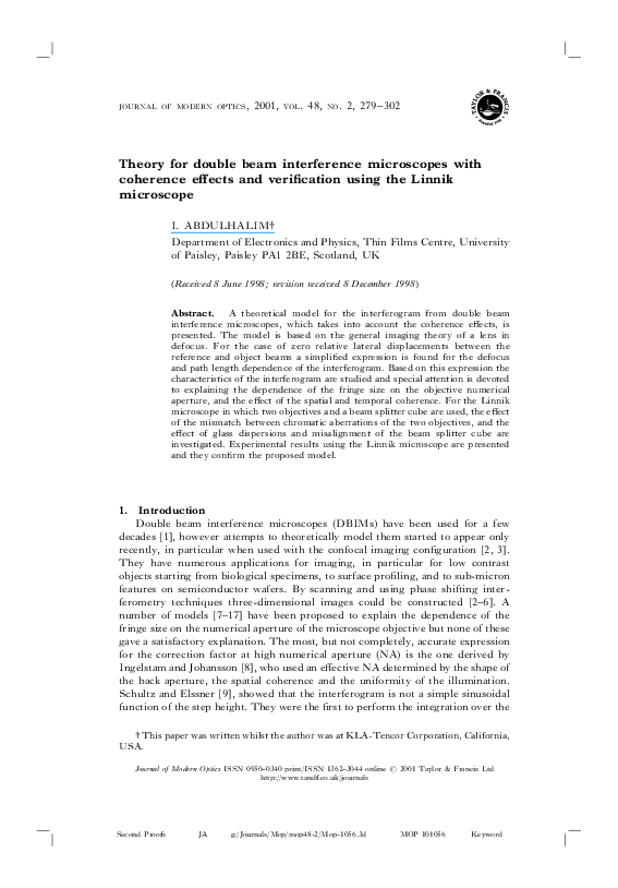 (PDF) Theory for double beam interference microscopes with coherence ...