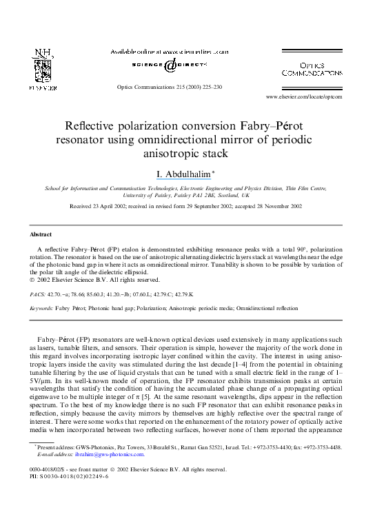 Pdf Reflective Polarization Conversion Fabrypérot Resonator Using
