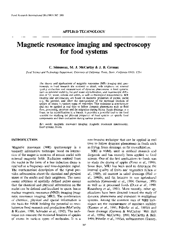 (PDF) Magnetic resonance imaging and spectroscopy for food systems