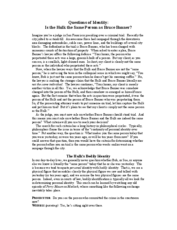 (PDF) Questions of Identity: Is the Hulk the Same Person as Bruce Banner