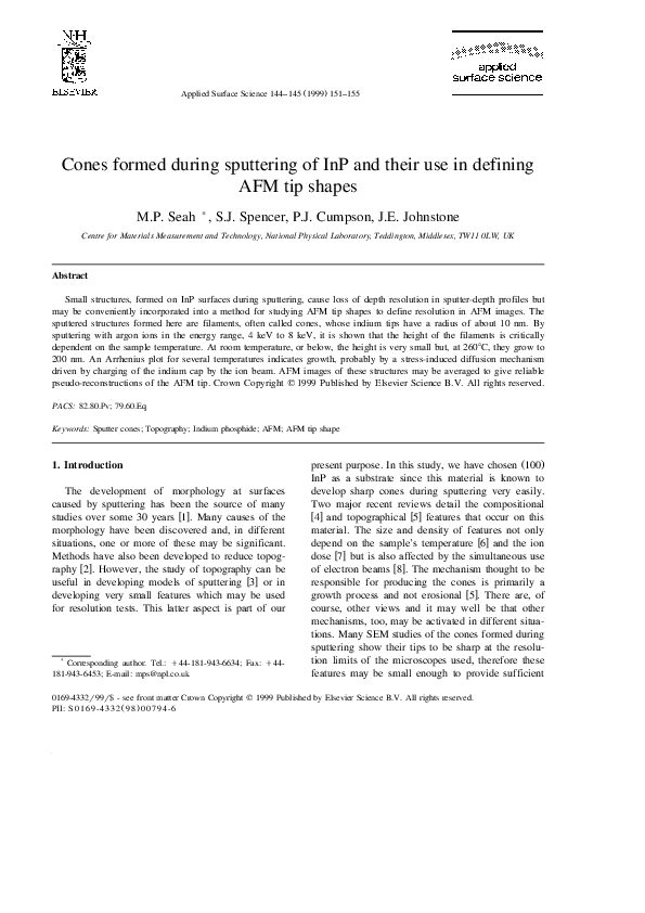 (PDF) Cones formed during sputtering of InP and their use in defining ...