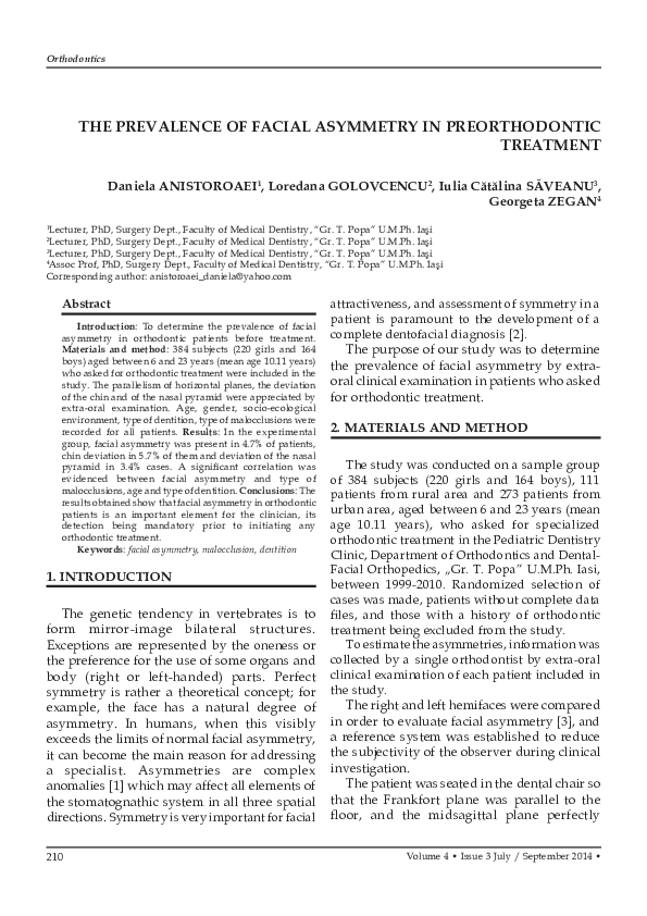 (PDF) THE PREVALENCE OF FACIAL ASYMMETRY IN PREORTHODONTIC TREATMENT