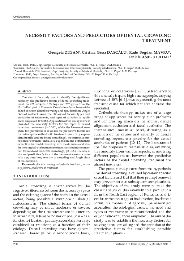 (PDF) NECESSITY FACTORS AND PREDICTORS OF DENTAL CROWDING TREATMENT