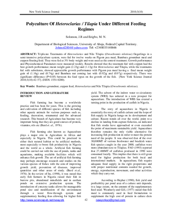 (PDF) Polyculture Of Heteroclarias / Tilapia Under Different Feeding ...