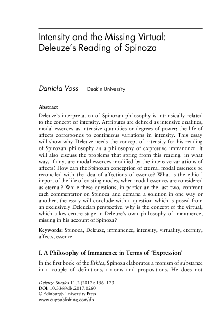 (PDF) Intensity and the Missing Virtual: Deleuze’s Reading of Spinoza