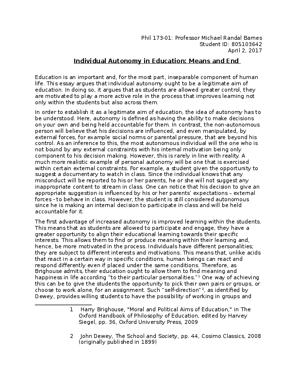 (DOC) Individual Autonomy in Education: Means and End