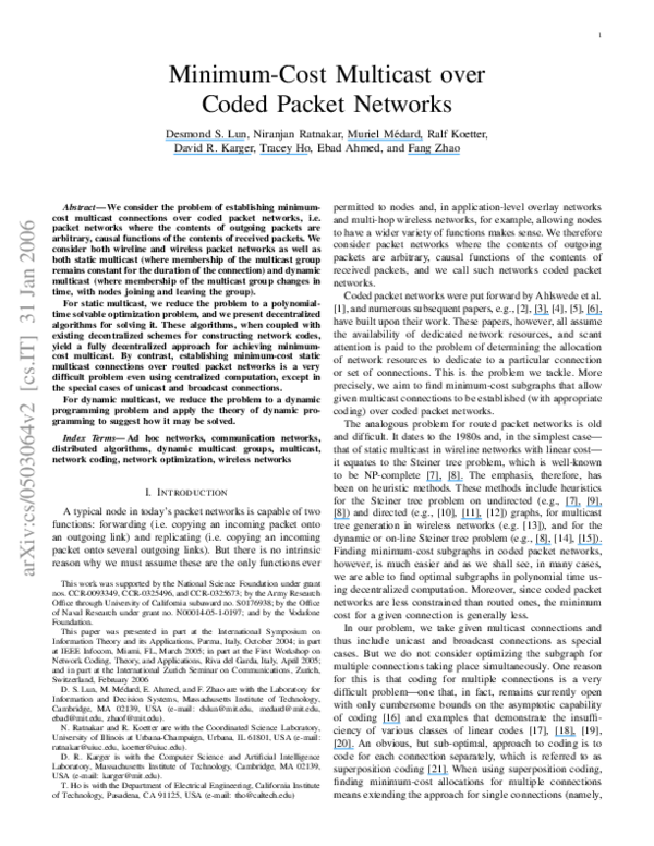 Pdf Minimum Cost Multicast Over Coded Packet Networks Fang Zhao