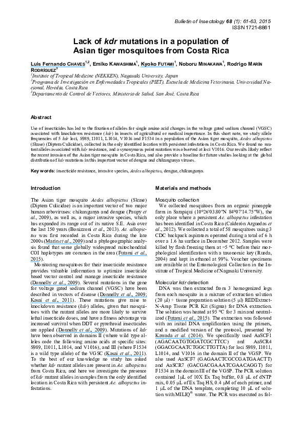 (PDF) Lack of kdr mutations in a population of Asian tiger mosquitoes ...