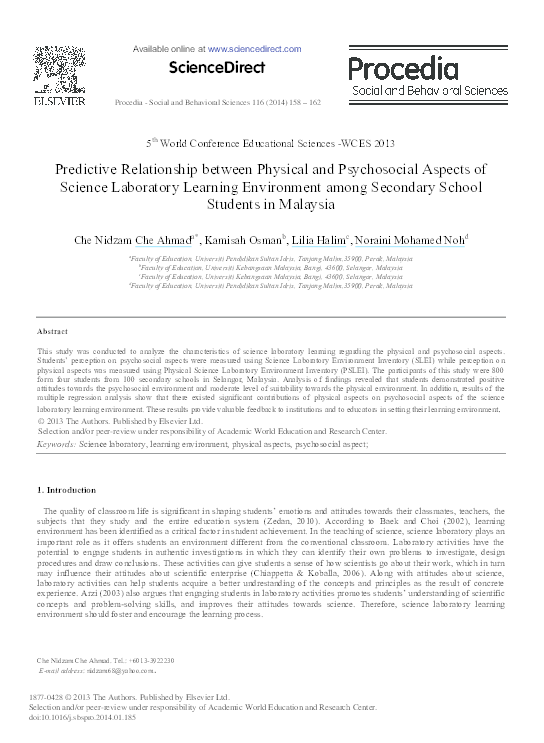 (PDF) Predictive Relationship between Physical and Psychosocial Aspects of Science Laboratory ...