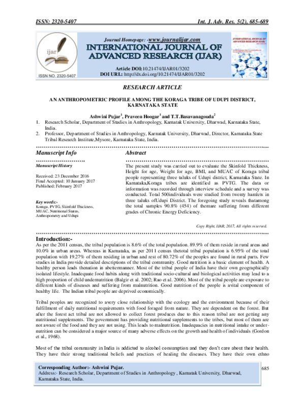 (PDF) AN ANTHROPOMETRIC PROFILE AMONG THE KORAGA TRIBE OF UDUPI ...