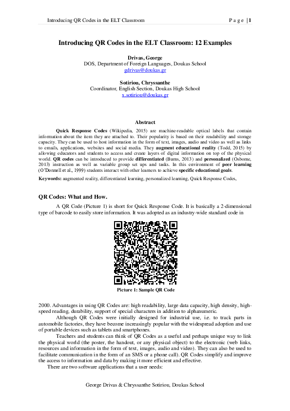 (PDF) Introducing QR Codes in the ELT Classroom: 12 Examples