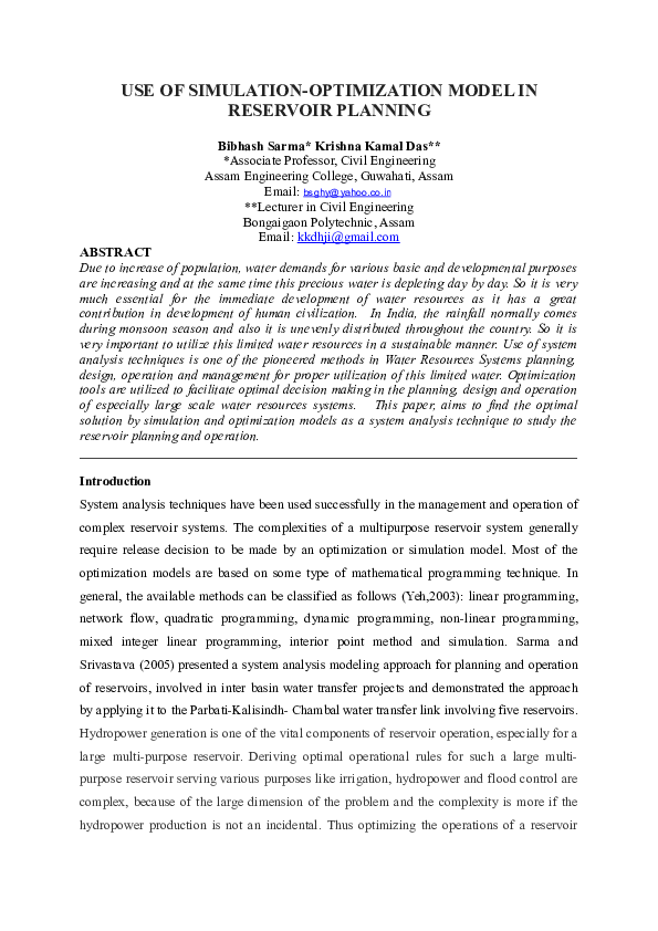 (DOC) USE OF SIMULATION-OPTIMIZATION MODEL IN RESERVOIR PLANNING