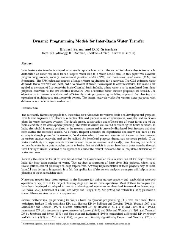(DOC) Dynamic Programming Models for Inter-Basin Water Transfer