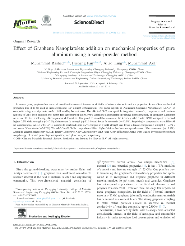 (PDF) Effect of Graphene Nanoplatelets addition on mechanical properties of pure aluminum using ...