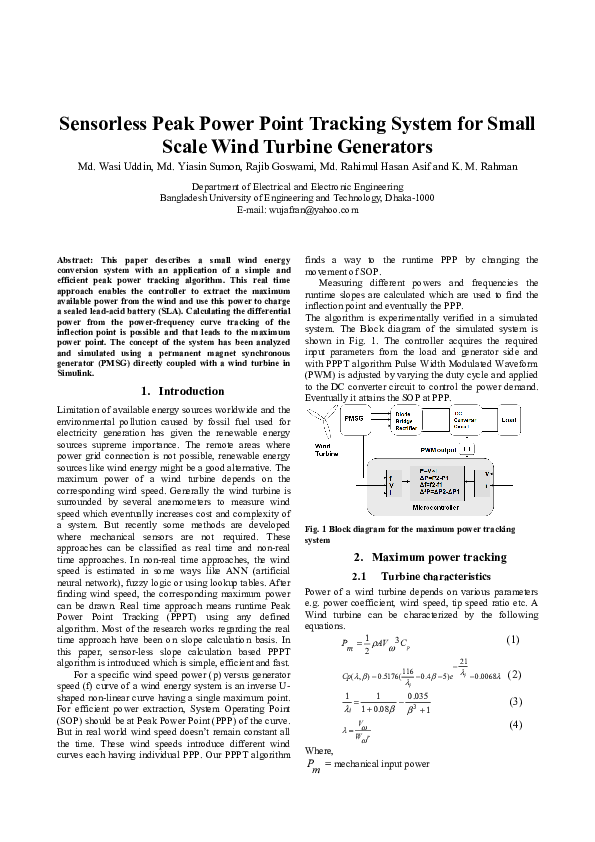 (PDF) Sensorless peak power point tracking system for small scale wind turbine generators