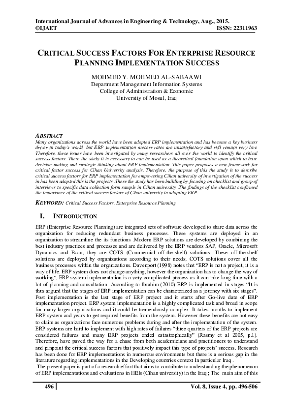 (PDF) CRITICAL SUCCESS FACTORS FOR ENTERPRISE RESOURCE PLANNING IMPLEMENTATION SUCCESS