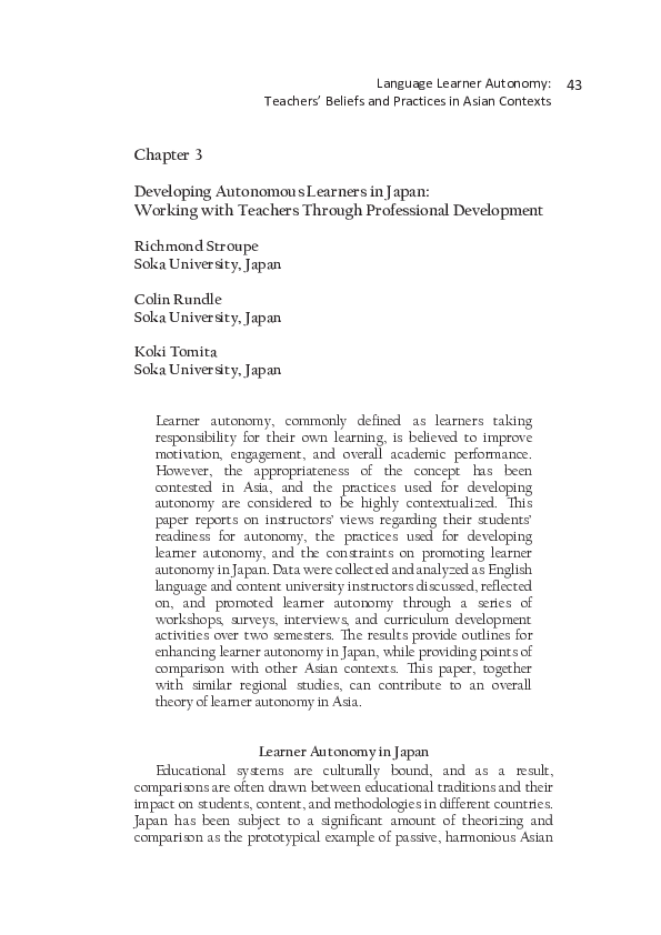(PDF) Developing Autonomous Learners in Japan: Working with Teachers Through Professional ...