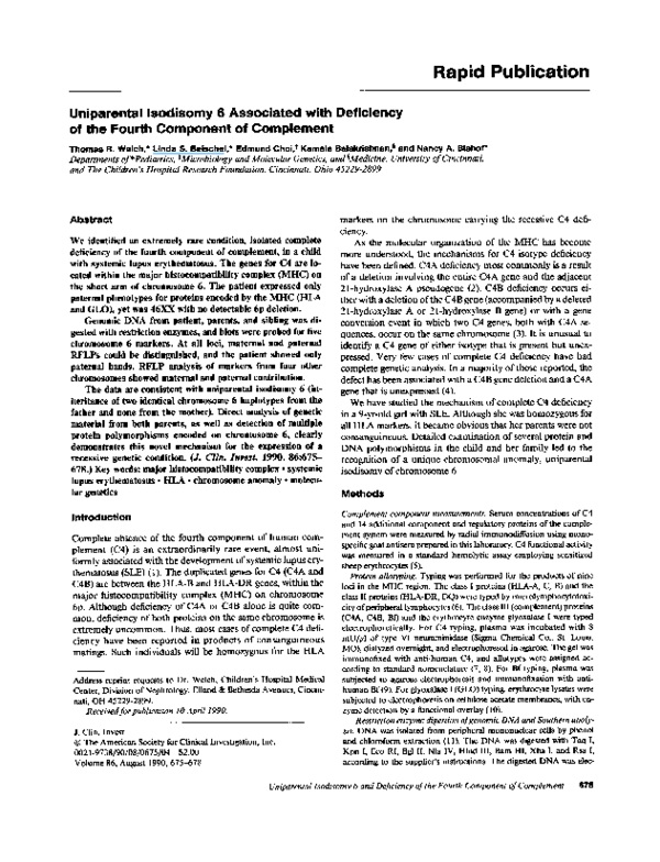 (PDF) Uniparental isodisomy 6 associated with deficiency of the fourth component of complement