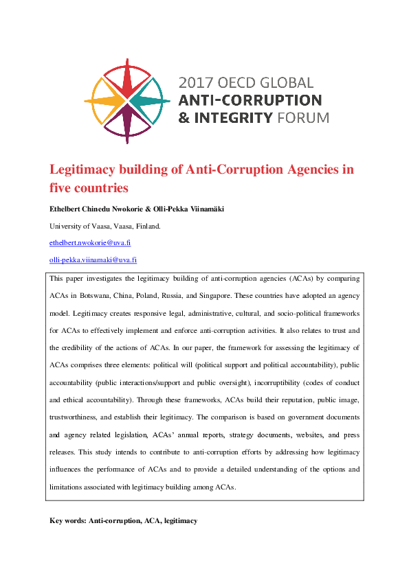 (PDF) Legitimacy building of Anti-Corruption Agencies in five countries