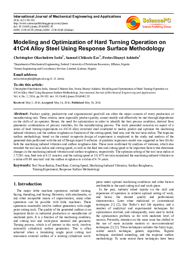 (PDF) Modeling and Optimization of Hard Turning Operation on 41Cr4 Alloy Steel Using Response ...