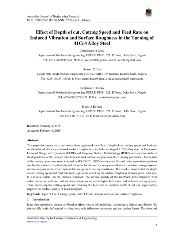 Pdf Effect Of Depth Of Cut Cutting Speed And Feed Rate On Induced Vibration And Surface