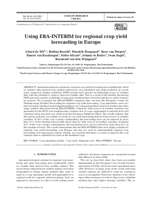 (PDF) Using ERA-INTERIM for regional crop yield forecasting in Europe