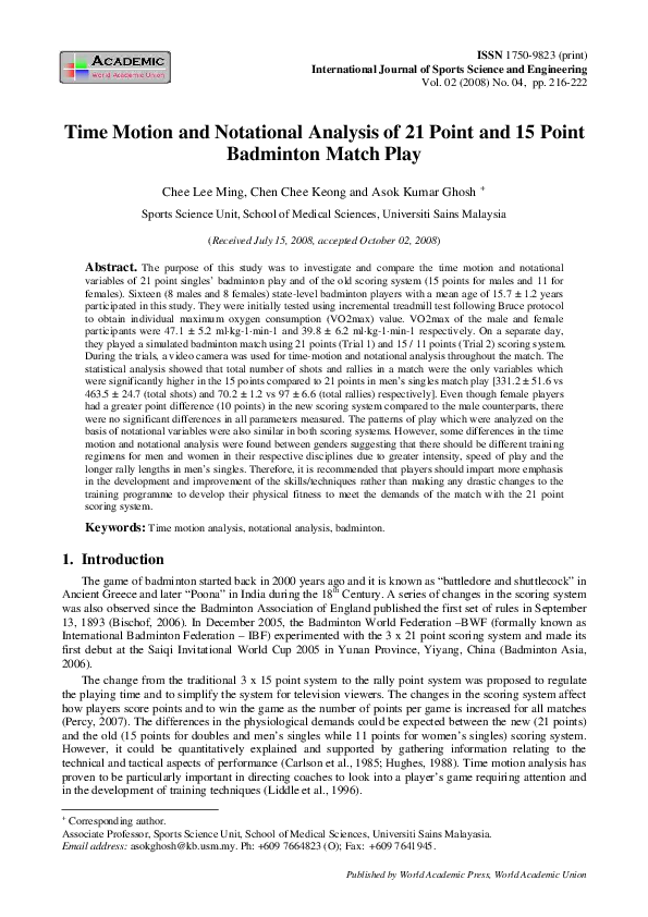 (PDF) Time Motion and Notational Analysis of 21 Point and 15 Point ...
