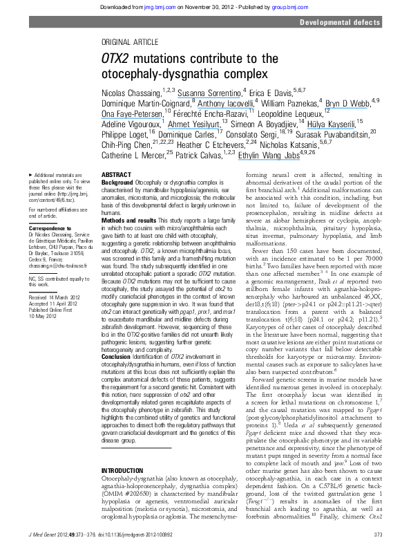 (PDF) OTX2 mutations contribute to the otocephaly-dysgnathia complex ...