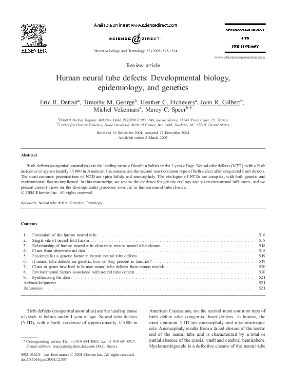 (PDF) Human neural tube defects: Developmental biology, epidemiology ...