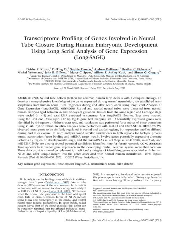 (PDF) Transcriptome profiling of genes involved in neural tube closure ...