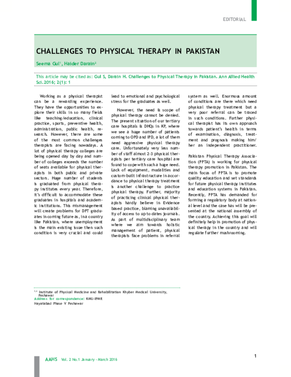 (PDF) CHALLENGES TO PHYSICAL THERAPY IN PAKISTAN