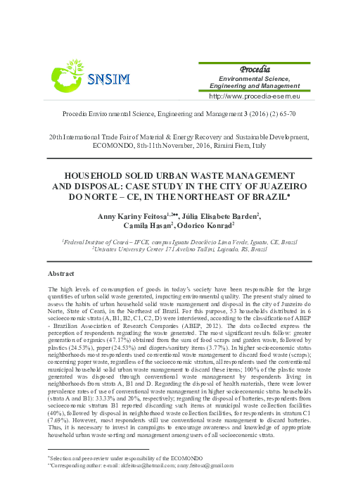 (PDF) HOUSEHOLD SOLID URBAN WASTE MANAGEMENT AND DISPOSAL: CASE STUDY ...