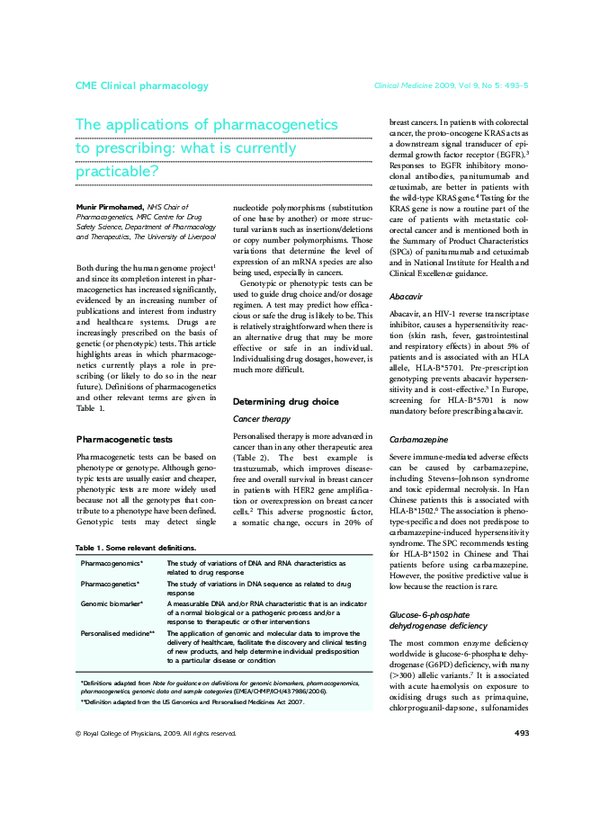 (PDF) The applications of pharmacogenetics to prescribing: what is ...