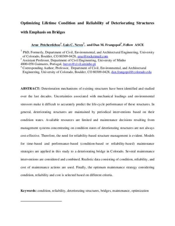 Pdf Optimizing Lifetime Condition And Reliability Of Deteriorating Structures With Emphasis On