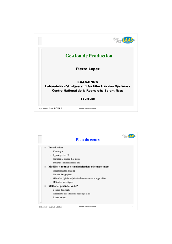 (PDF) Gestion de Production Plan du cours