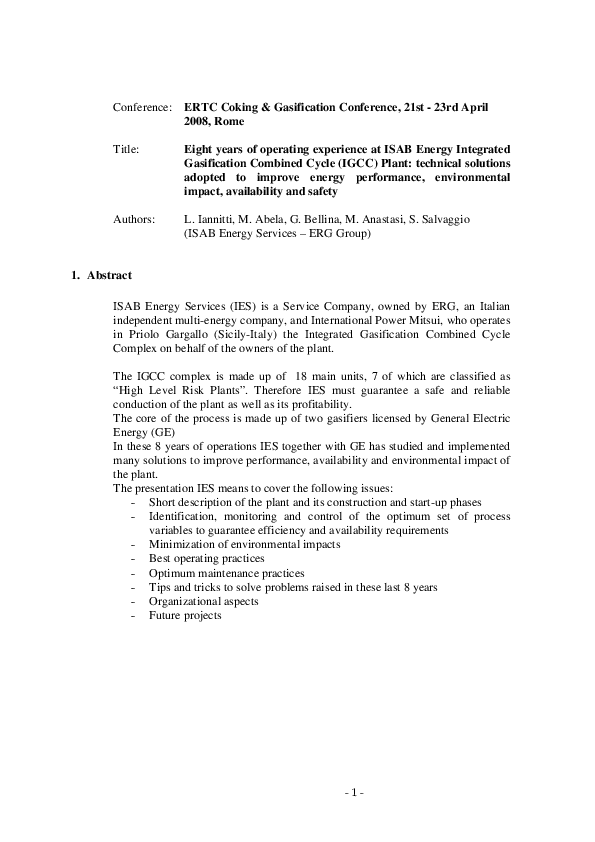 (PDF) Eight years of operating experience at ISAB Energy Integrated ...