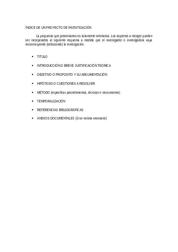 (DOC) ÍNDICE DE UN PROYECTO DE INVESTIGACIÓN