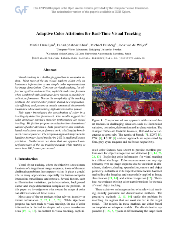 (PDF) Adaptive Color Attributes for Real-Time Visual Tracking