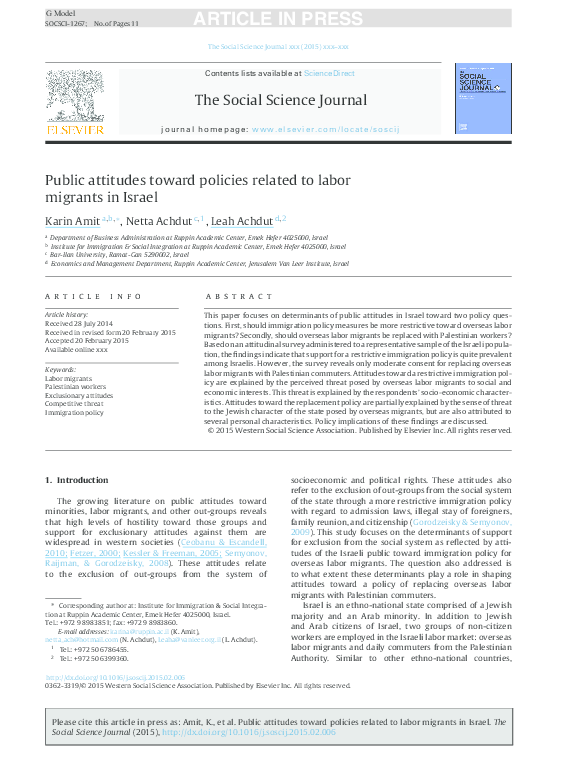 (PDF) Public attitudes toward policies related to labor migrants in Israel