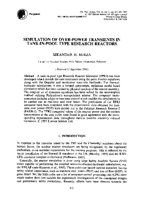 (PDF) Simulation of over-power transients in tank-in-pool type research reactors