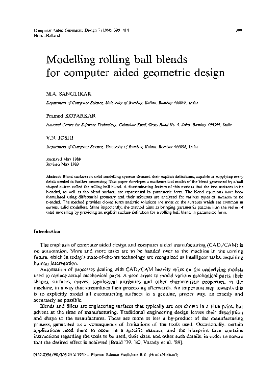 (PDF) Modelling rolling ball blends for computer aided geometric design