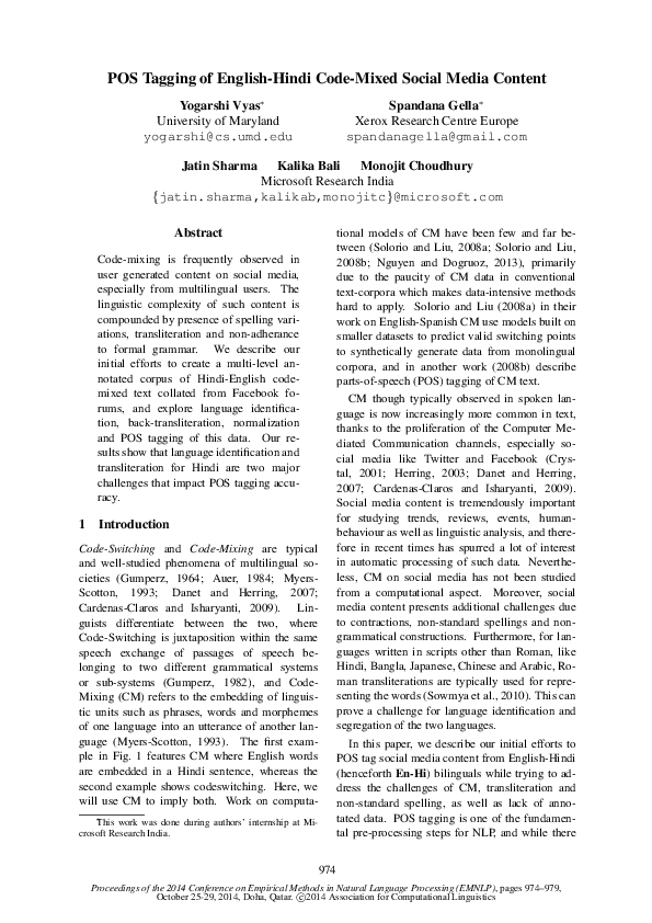 (PDF) POS Tagging of English-Hindi Code-Mixed Social Media Content
