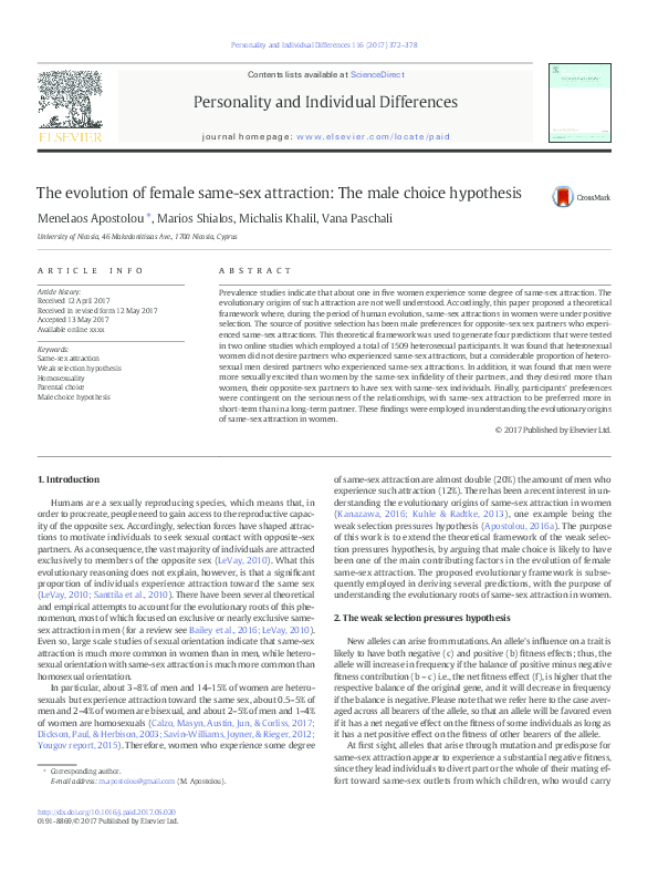 Pdf The Evolution Of Female Same Sex Attraction The Male Choice