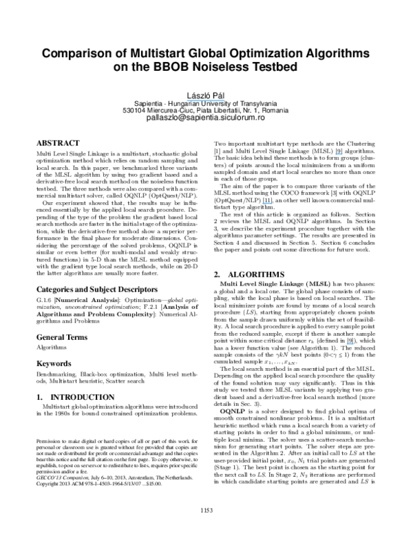 Pdf Comparison Of Multistart Global Optimization Algorithms On The